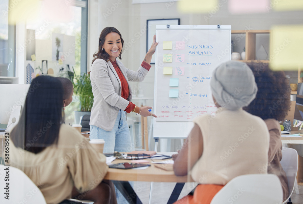 Corporate presentation, woman speaker and planning women with employee ...