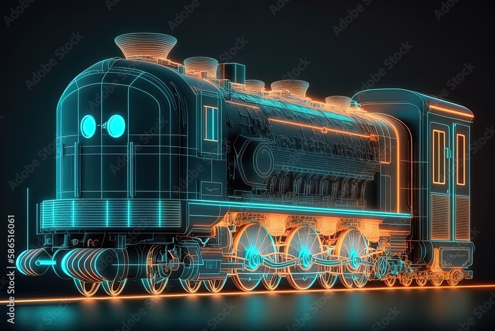 drawing of a train plan with neon lights holographic displays, cutting ...