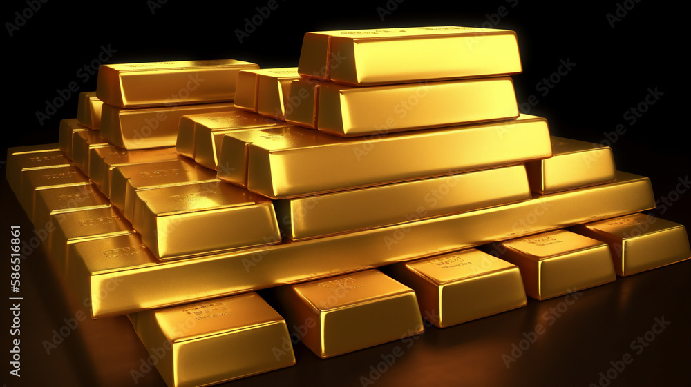 Solid gold bullion bars in a stack inside a bank vault where the ...