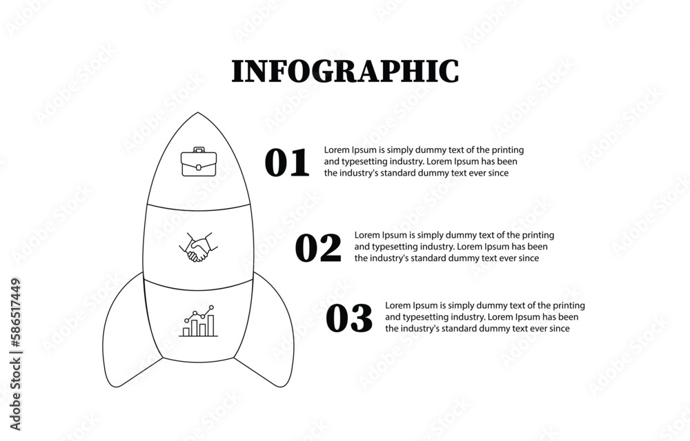 The rocket outlines the template infographic three-element vector. Plan ...