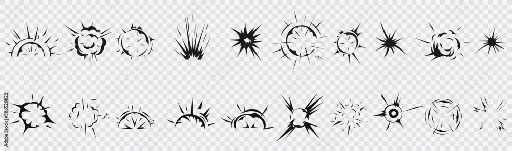 Radial explosion silhouette. Exploding bursts, round explosions cloud and exploded bomb effect ...