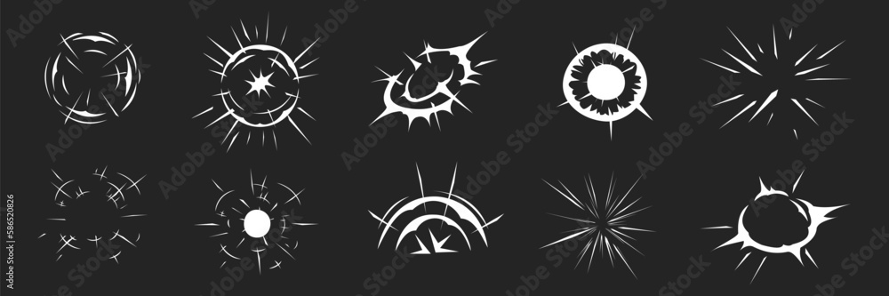 Set of white cartoon vector explosion effect frames. Comic energy blast ...