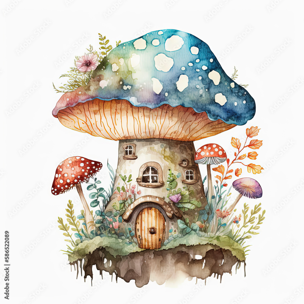 Watercolor magical mushroom house illustration on white background. Ai ...