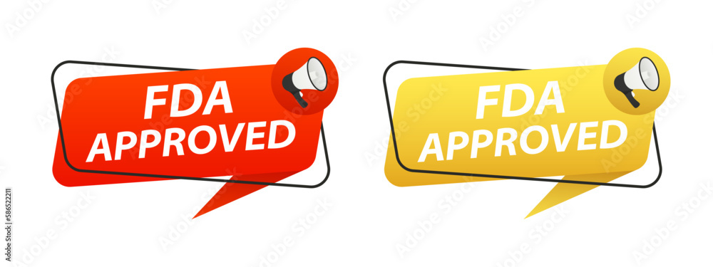 FDA approved red, blue, label on white background. Flat banner. Banner ...