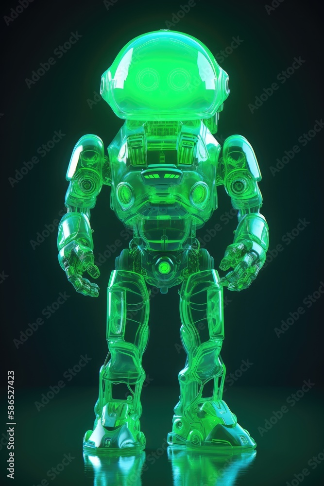 Neon green glowing robot. 3d rendering of a uranium glass astronaut ...