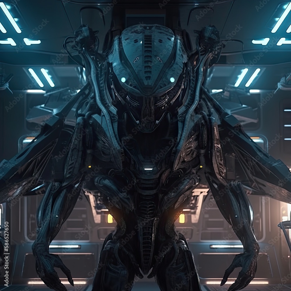 Alien spaceship future, dark matter, robot armor Stock Illustration ...