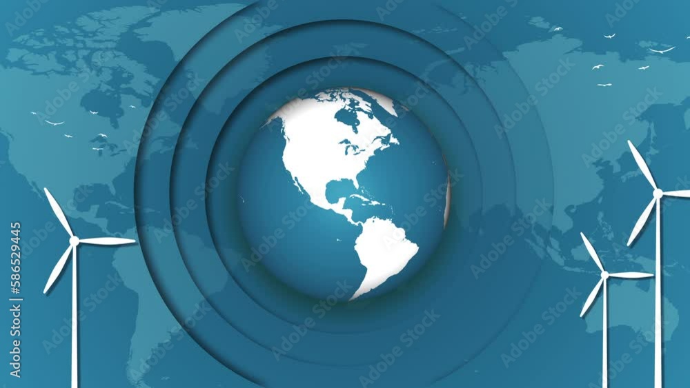 Wind turbines on the background of the world map. Blue rotating planet ...