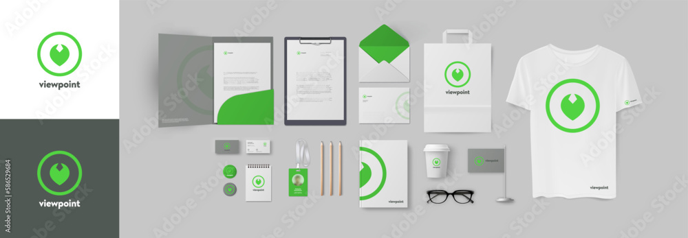 Green corporate identity starter pack with eye and location sign logo ...
