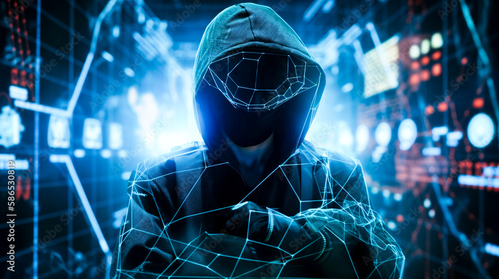 Hacker with a holographic augmented reality grid entering the digital ...