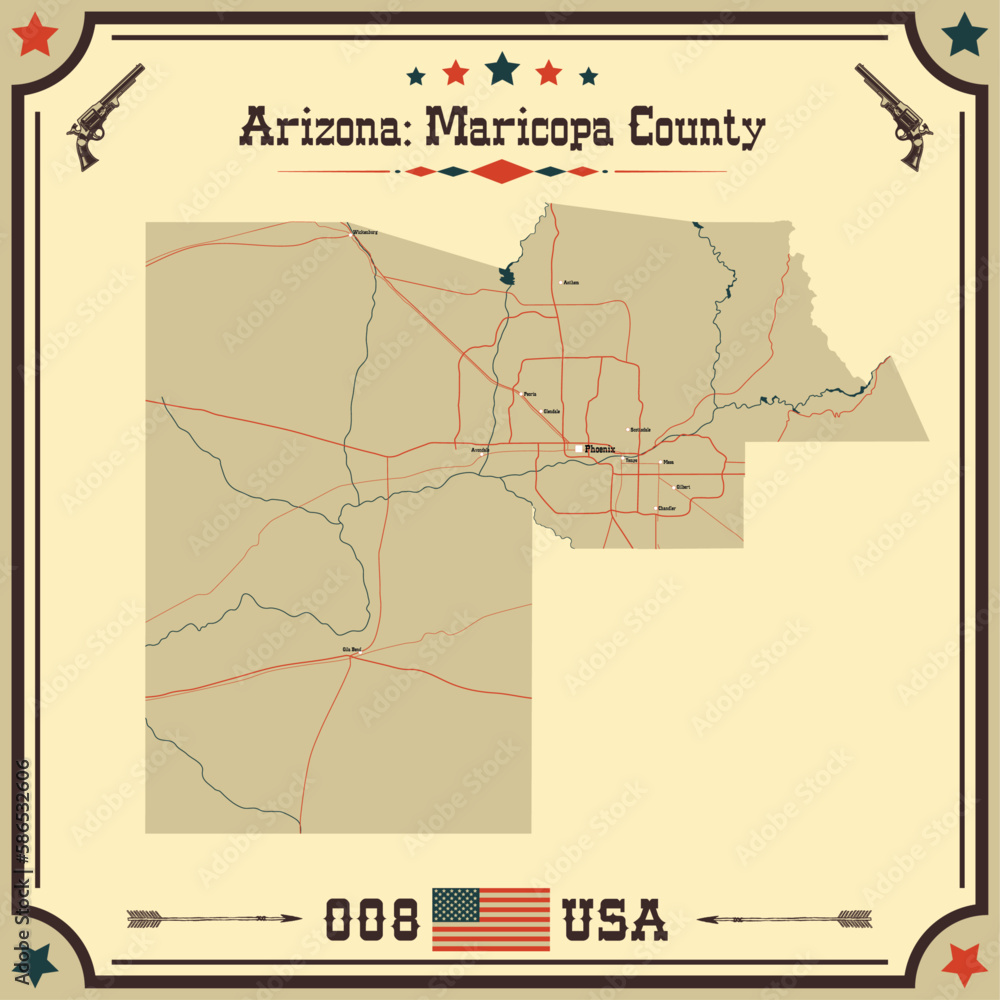 Large and accurate map of Maricopa County, Arizona, USA with vintage ...