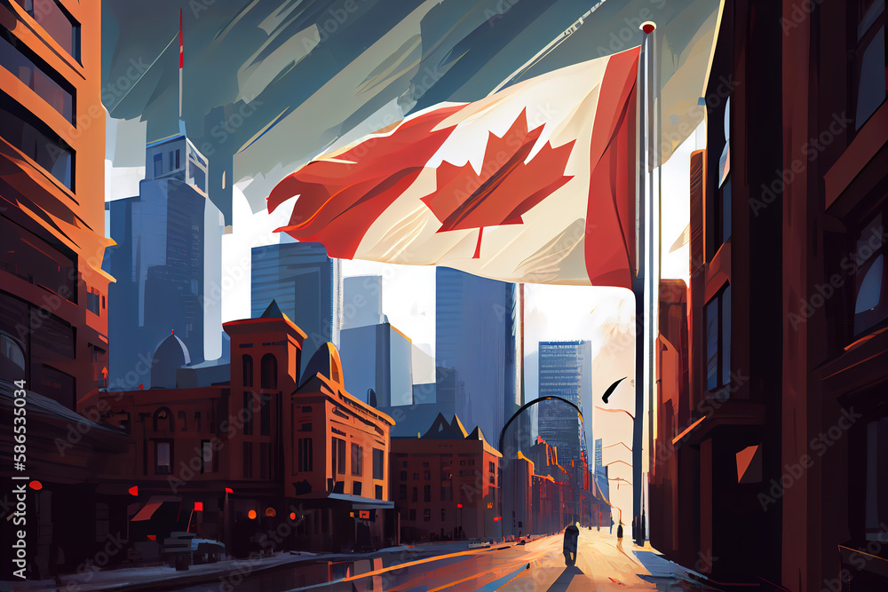 Poster Canadian flag in cityscape. Generative Ai – Wall Art | UkPosters