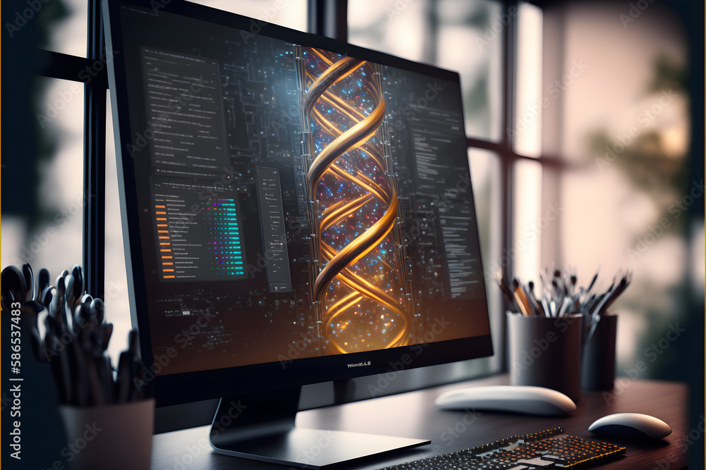 DNA helix on scientist's computer screen created with generative AI ...