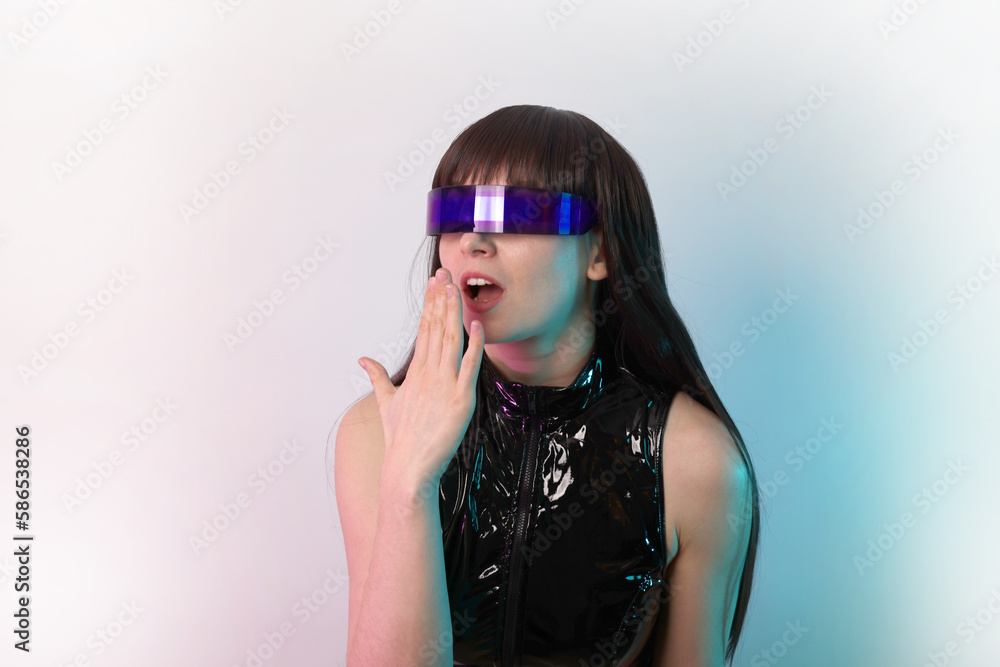Beautiful female chatbot with futuristic glasses in a black dress ...