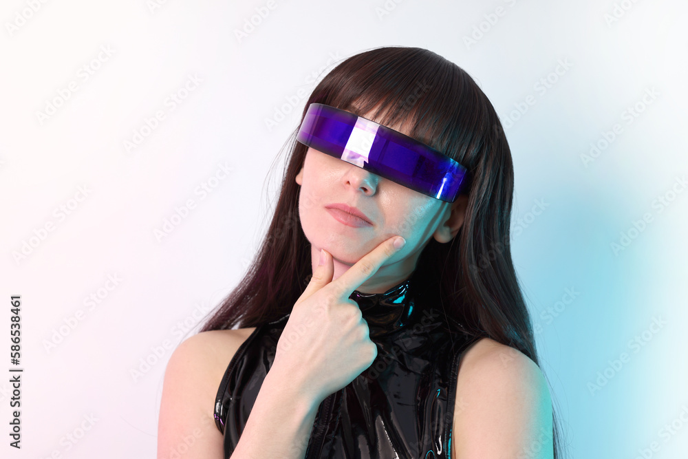 Beautiful female chatbot with futuristic glasses in a black dress ...