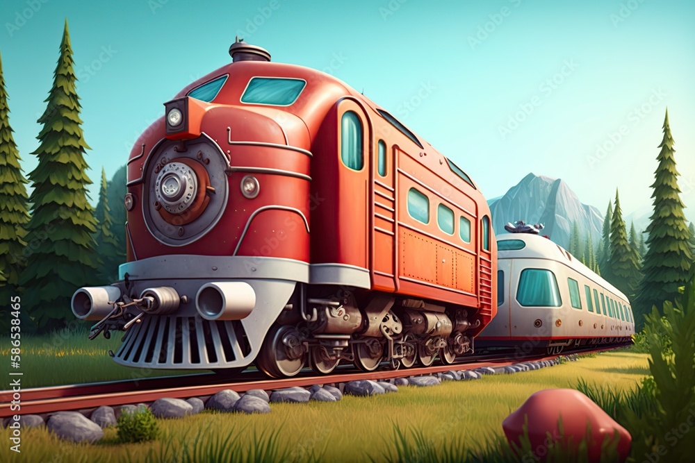 cartoon illustration, of blue train with railway carriages, ai ...