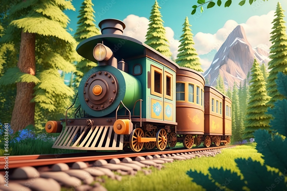 cartoon illustration, of blue train with railway carriages, ai ...