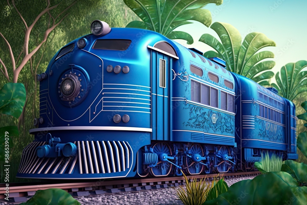 cartoon illustration, of blue train with railway carriages, ai ...