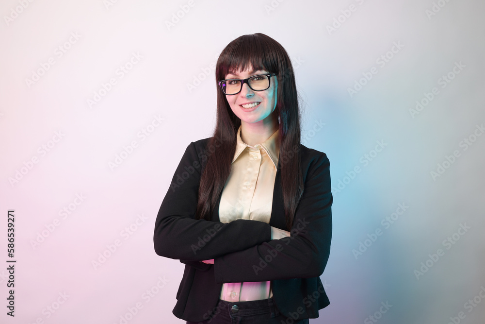 Beautiful female chatbot in business look with glasses, smiling and ...
