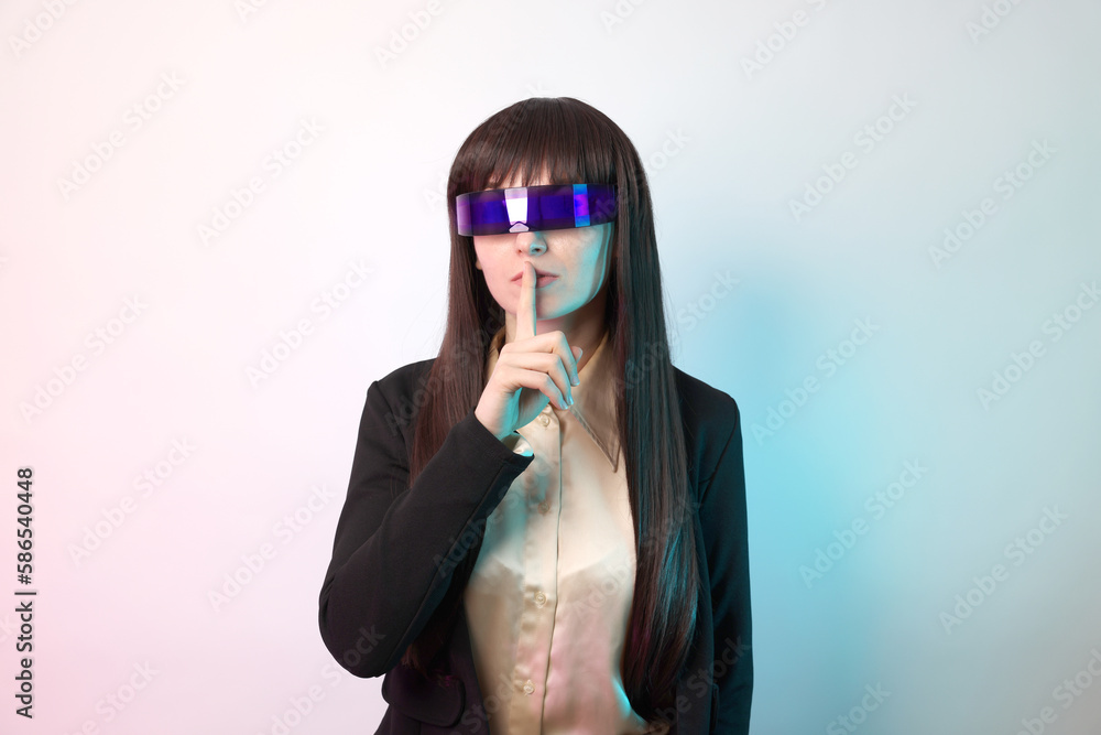 Beautiful female chatbot in business look with futuristic glasses, puts ...
