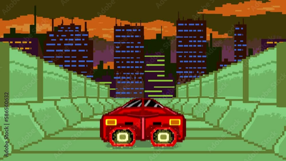 Animated video of futuristic car game in old style 8 bits, city, arcade ...