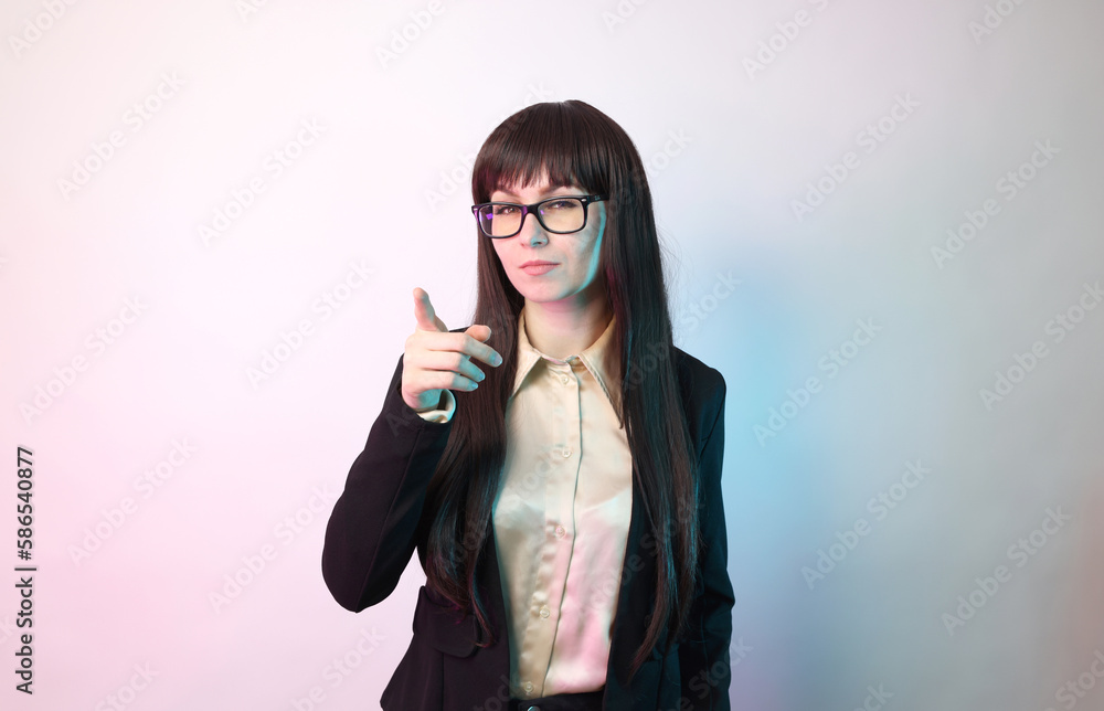Beautiful female chatbot in business look with glasses, smiling and ...