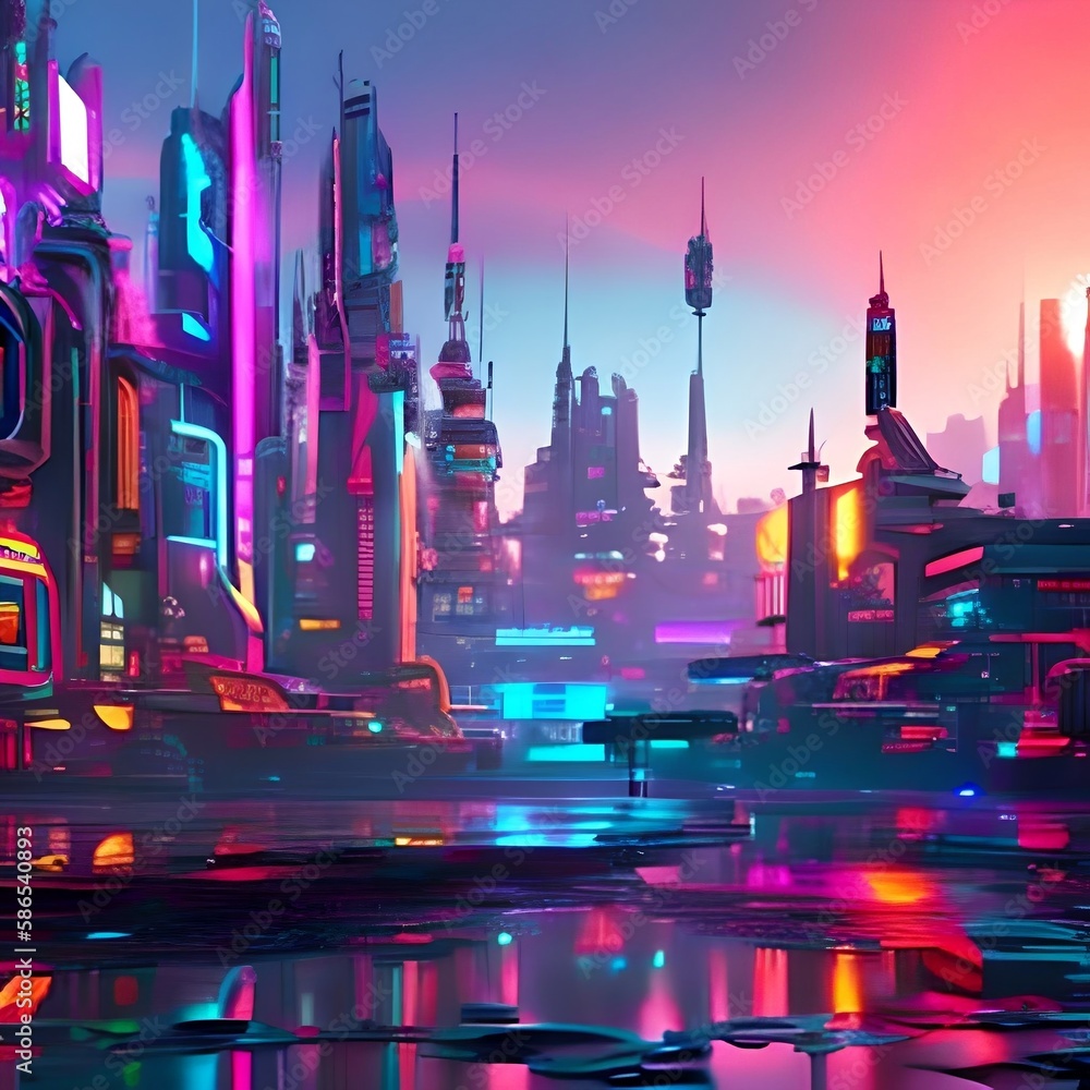 Colorful Cyberpunk metaverse city background. Concept art, Digital ...