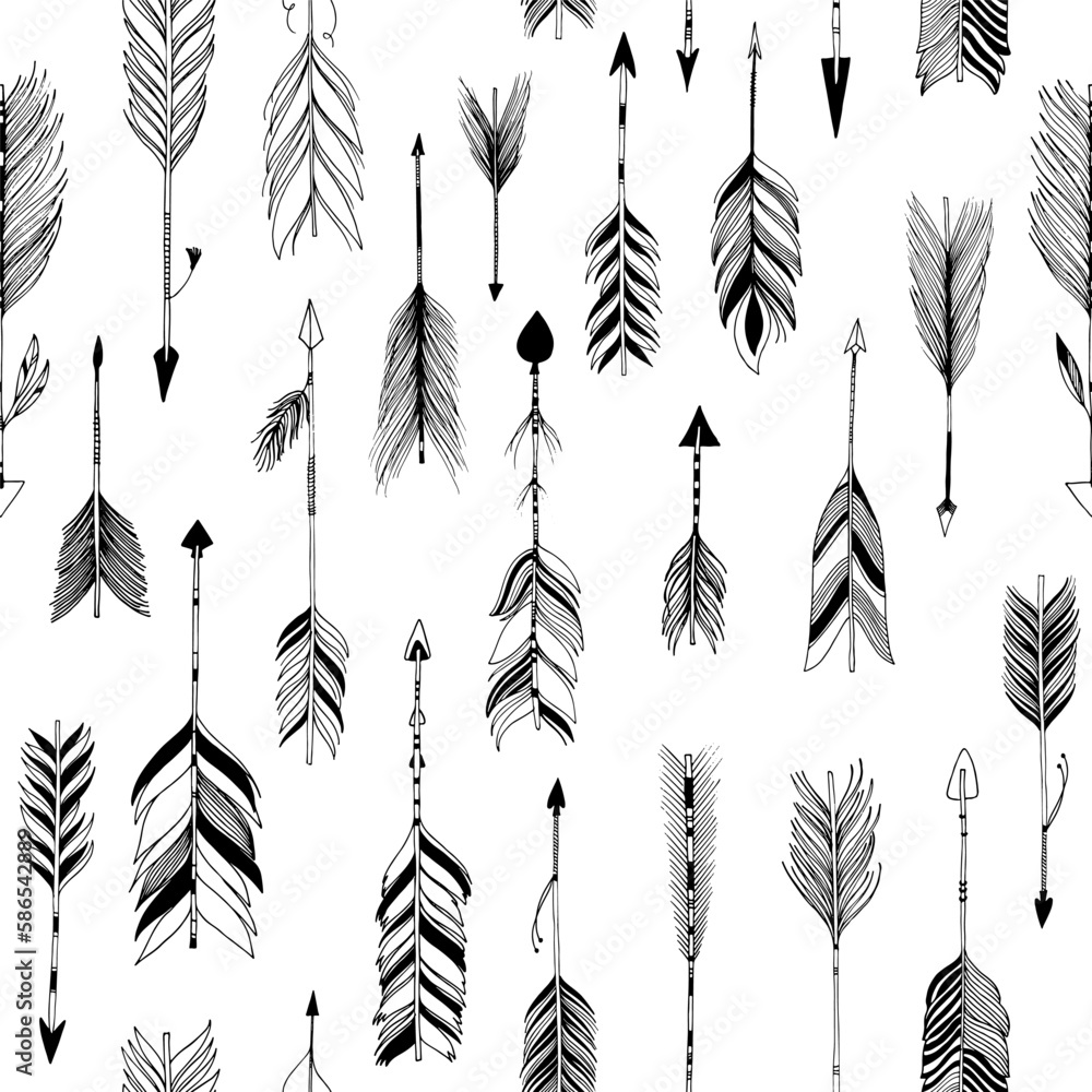 Hand drawn arrows seamless patter. Black and white vector artistic ...