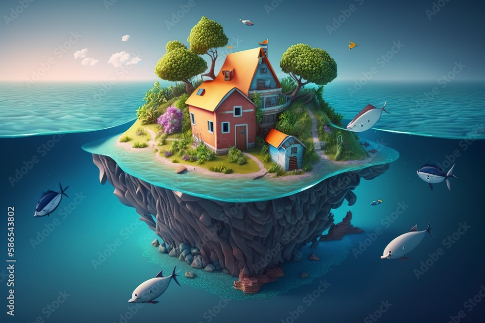 cartoon illustration,floating island scenery,fantasy,house,forest,tree ...