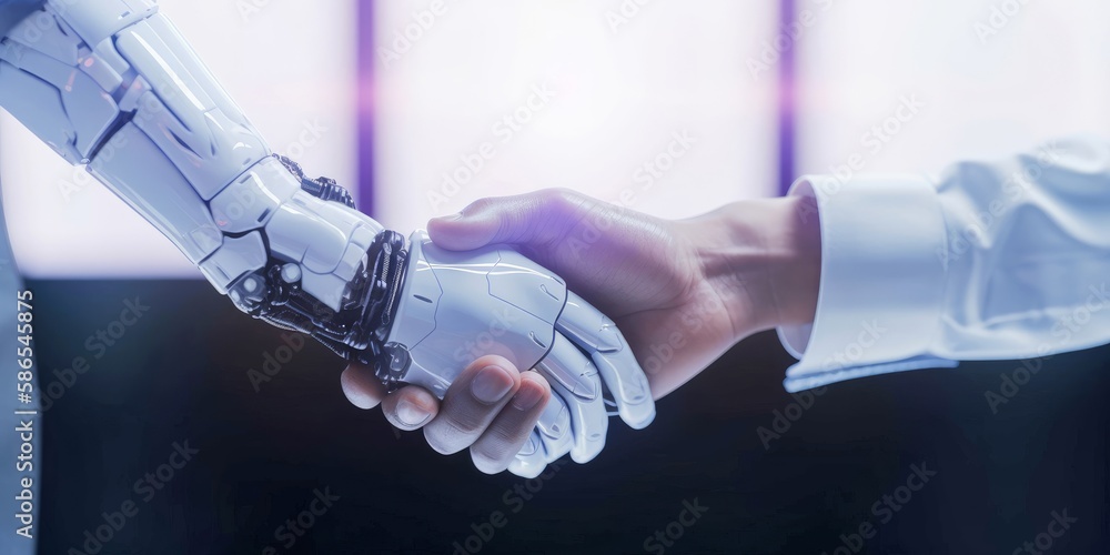 Businessmen engaging in a handshake with AI Robot, gesture of greeting ...