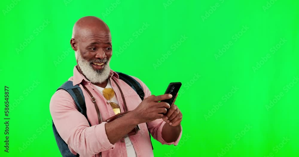Black man, surprise and phone on green screen for wow face for ...