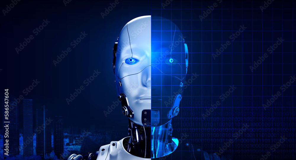 Reality robot face on cityscape and a half transparent face, front view ...