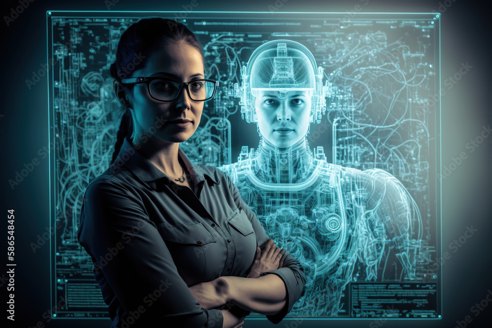 Portrait of woman engineer in glasses with crossed hands standing ...