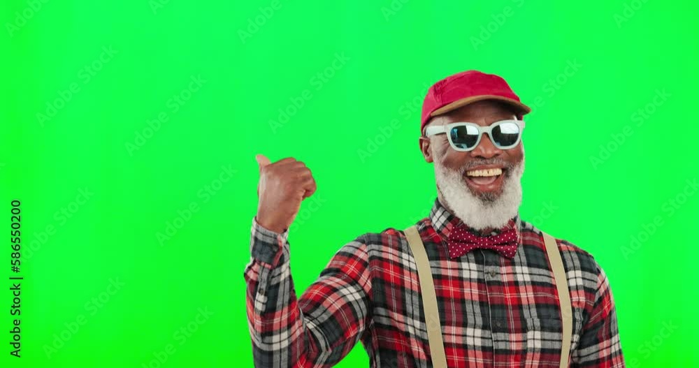 Funky, green screen and a senior black man pointing to mockup space ...