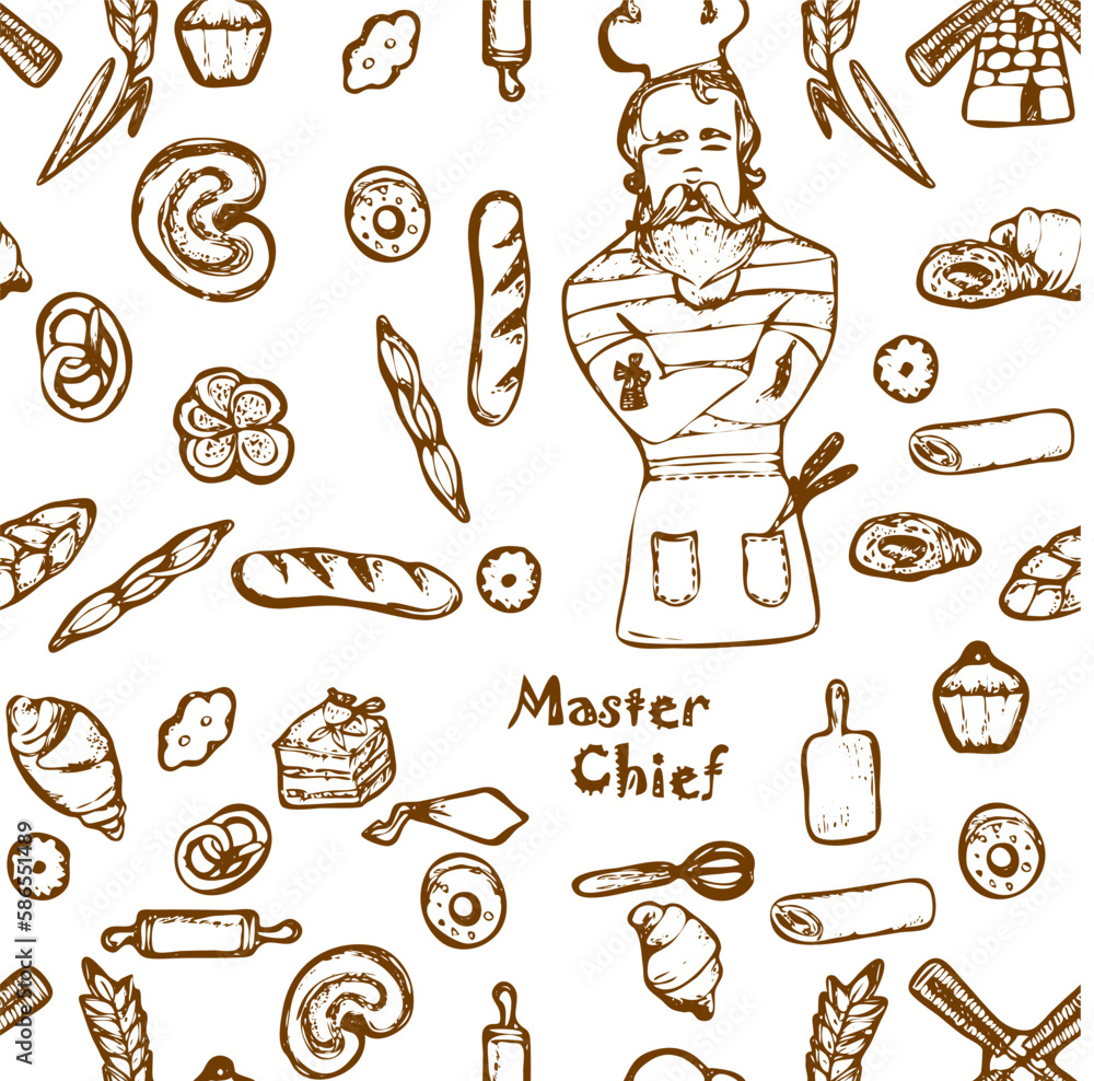 Vintage Bakery vector hand drawn doodle icons pattern with cook ...