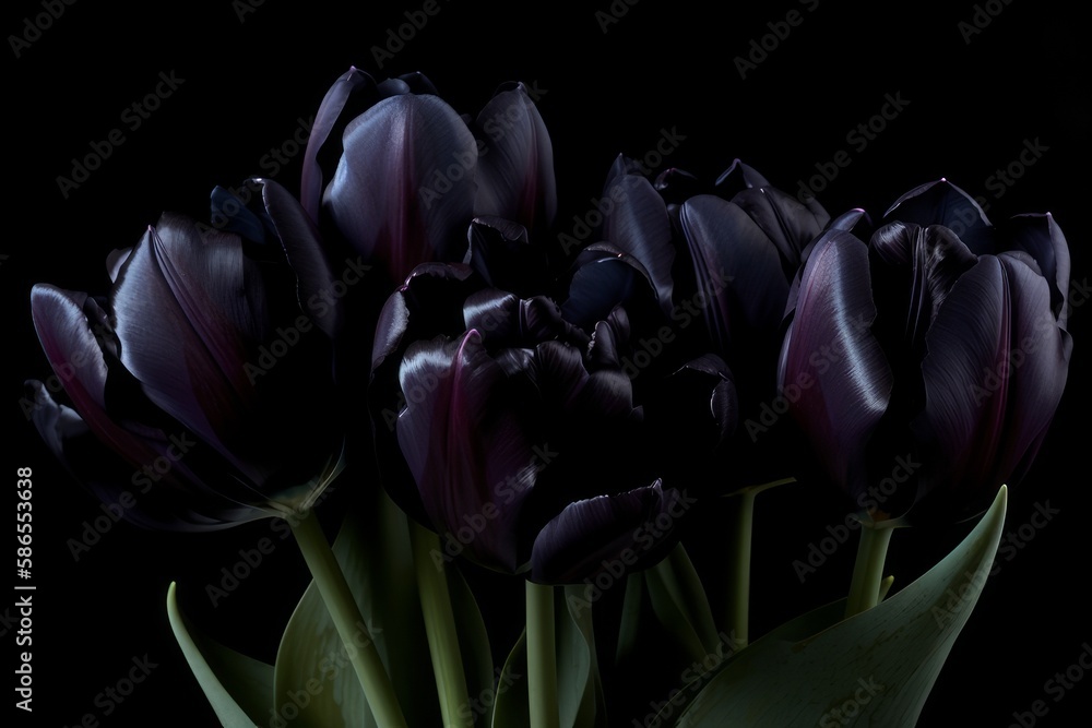 Black tulips on black background. Minimalistic contemporary bunch of ...