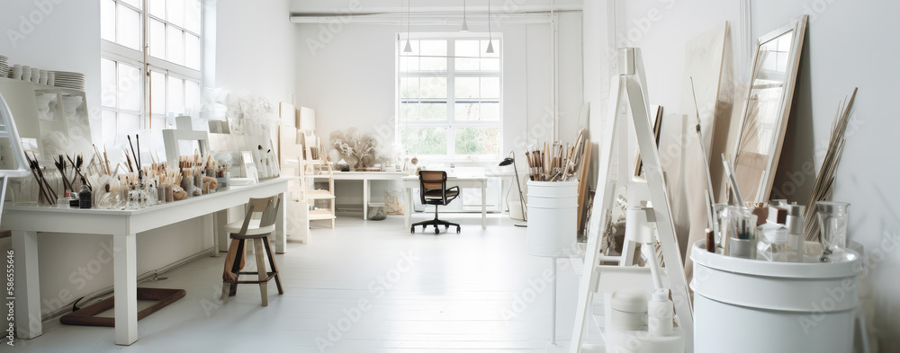 White atelier. A painter or artist atelier, craft room, with white ...