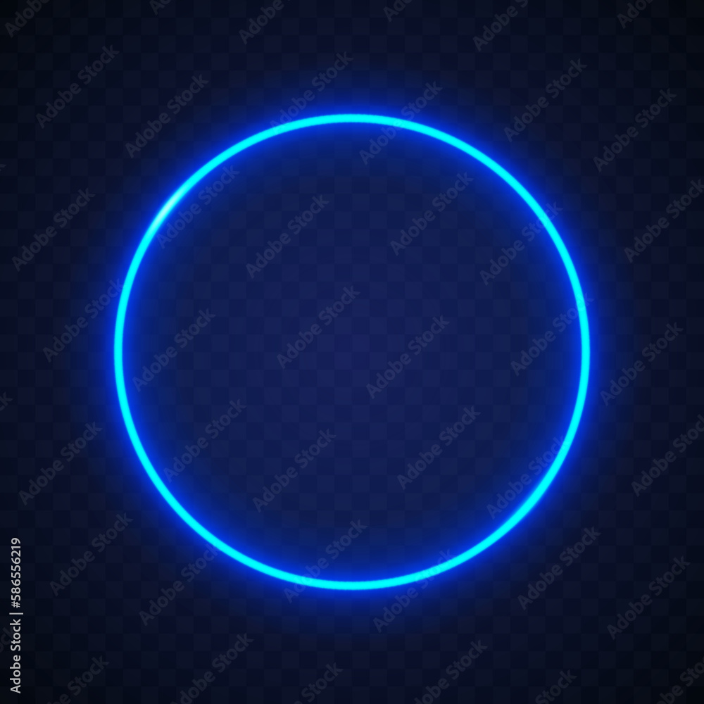 Neon circle. Light glow round blue color isolated on dark background. illuminated frame for ...