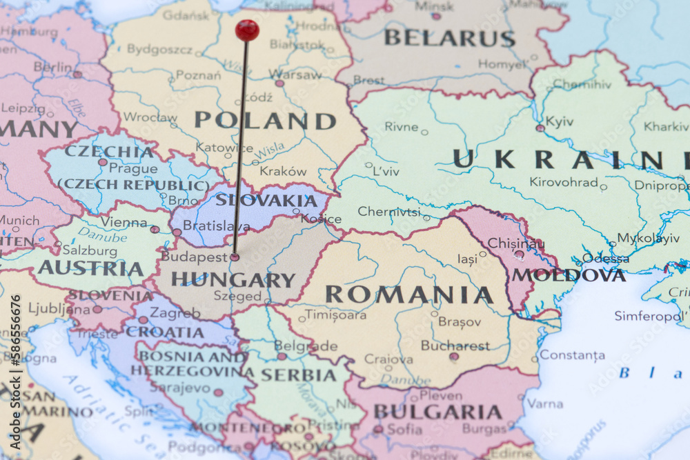 Budapest, Hungary, capital city of Hungary pinned on political map ...