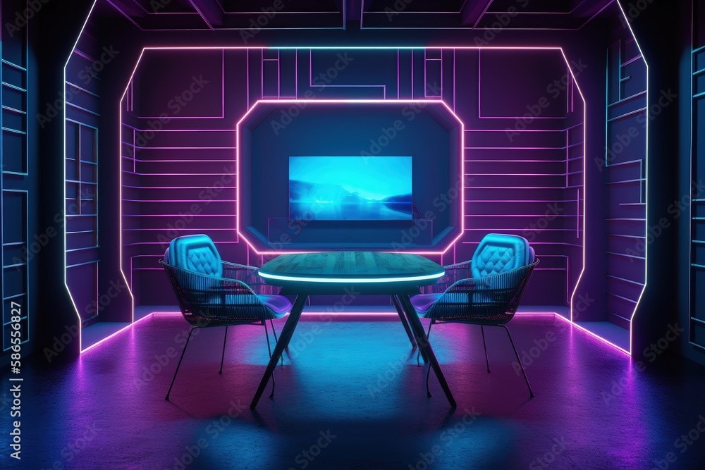 Podcast room illustration with chairs and table, neon lights, retro ...