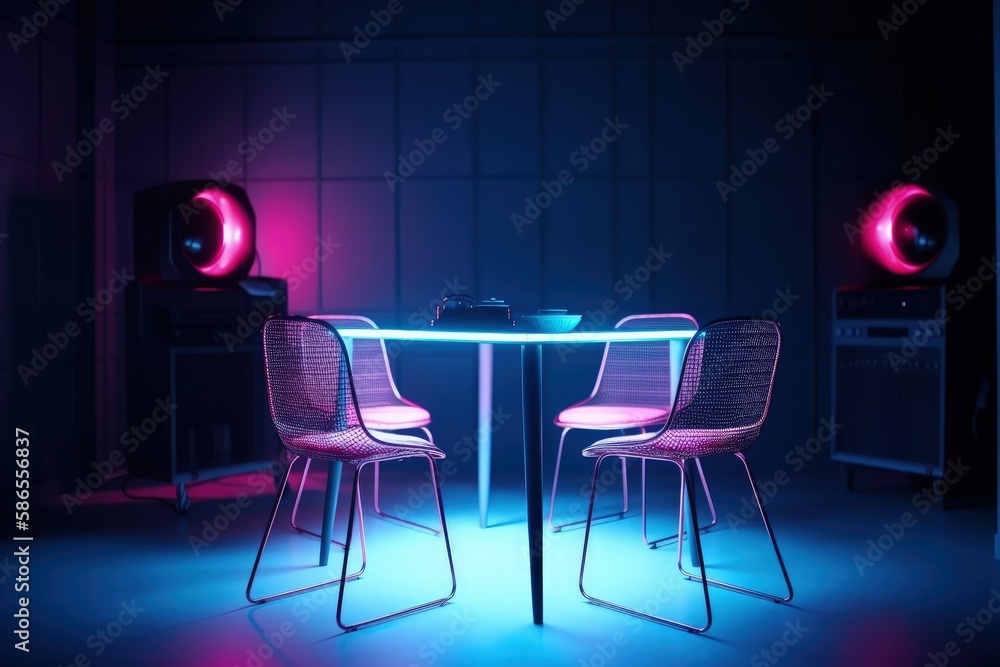 Podcast room illustration with chairs and table, neon lights, retro ...