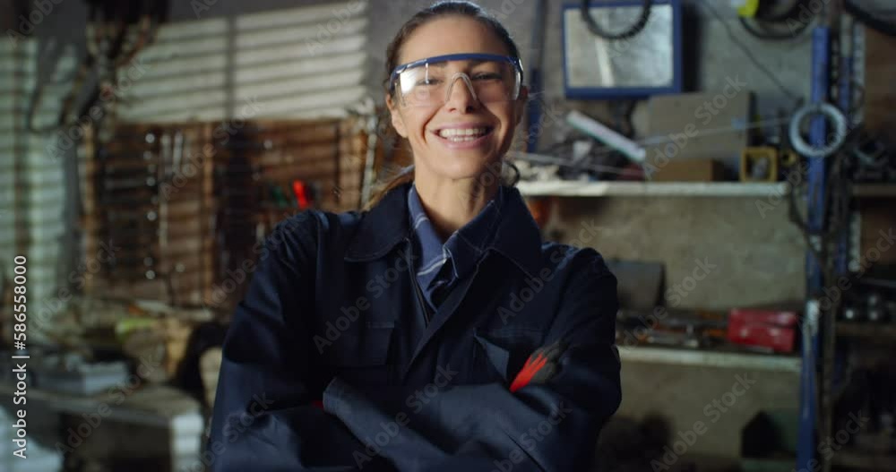 Portrait of Young Female Mechanic in Uniform Overalls and Protective ...