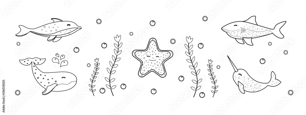 Set of sea animals. Line art. Vector. Isolated on white background ...