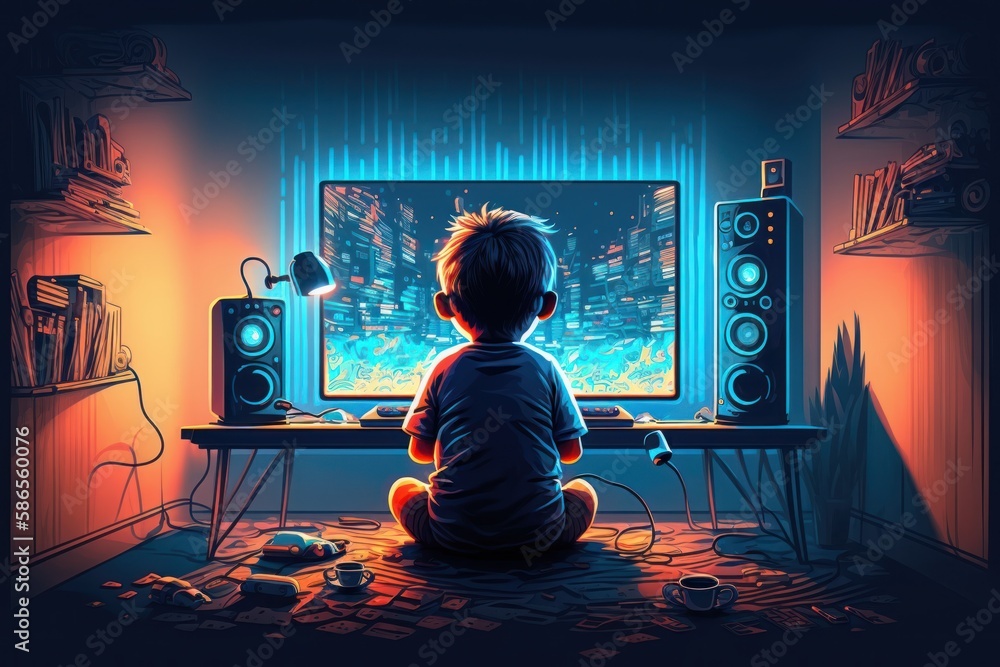 Child sits his room in front of a monitor and plays video games ...