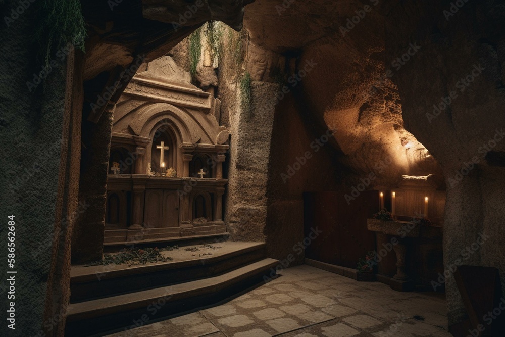 Religion and shrines entrance to ancient Christian crypt in cave ...