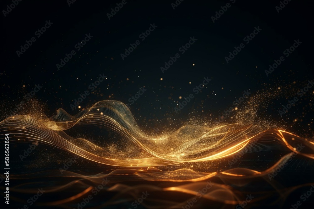 Gold color digital particles wave flow abstract technology background ...