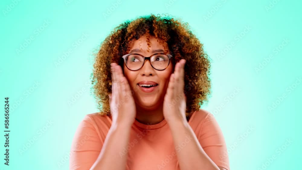 Face, excited and woman with mockup, surprise and smile with girl ...