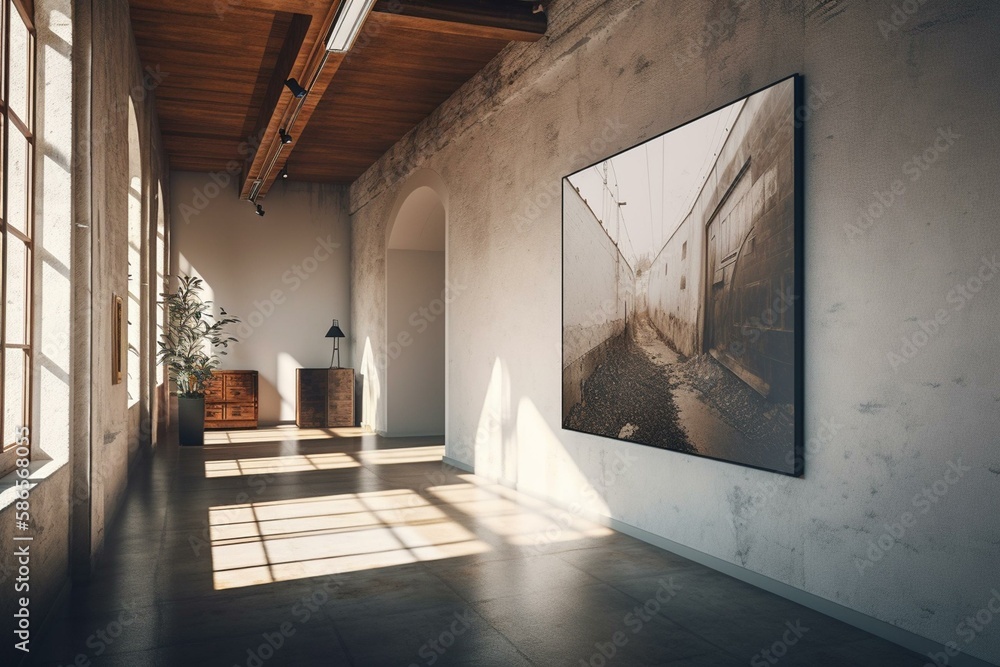 Clean gallery interior with empty poster and sunlight shadow on ...
