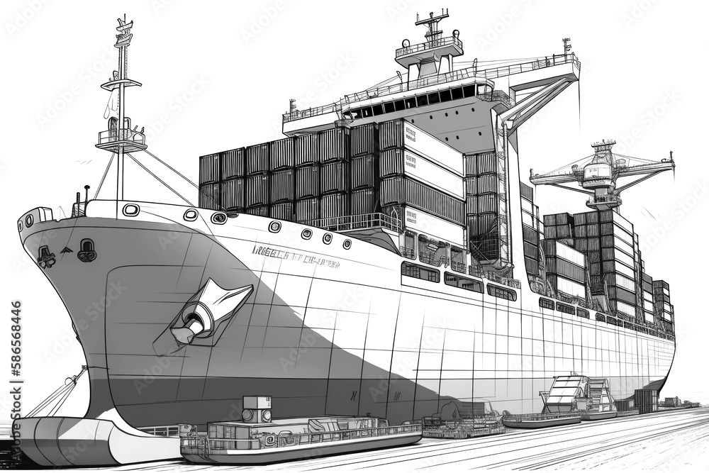 Intricate concept sketches of a container ship transporter, masterfully ...