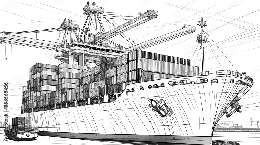 Intricate concept sketches of a container ship transporter, masterfully ...