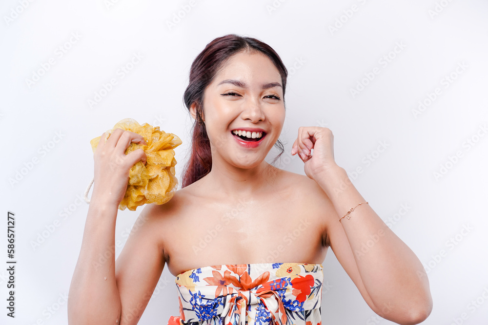 Portrait Of Happy Asian Girl Taking Shower With Gel She Washing With